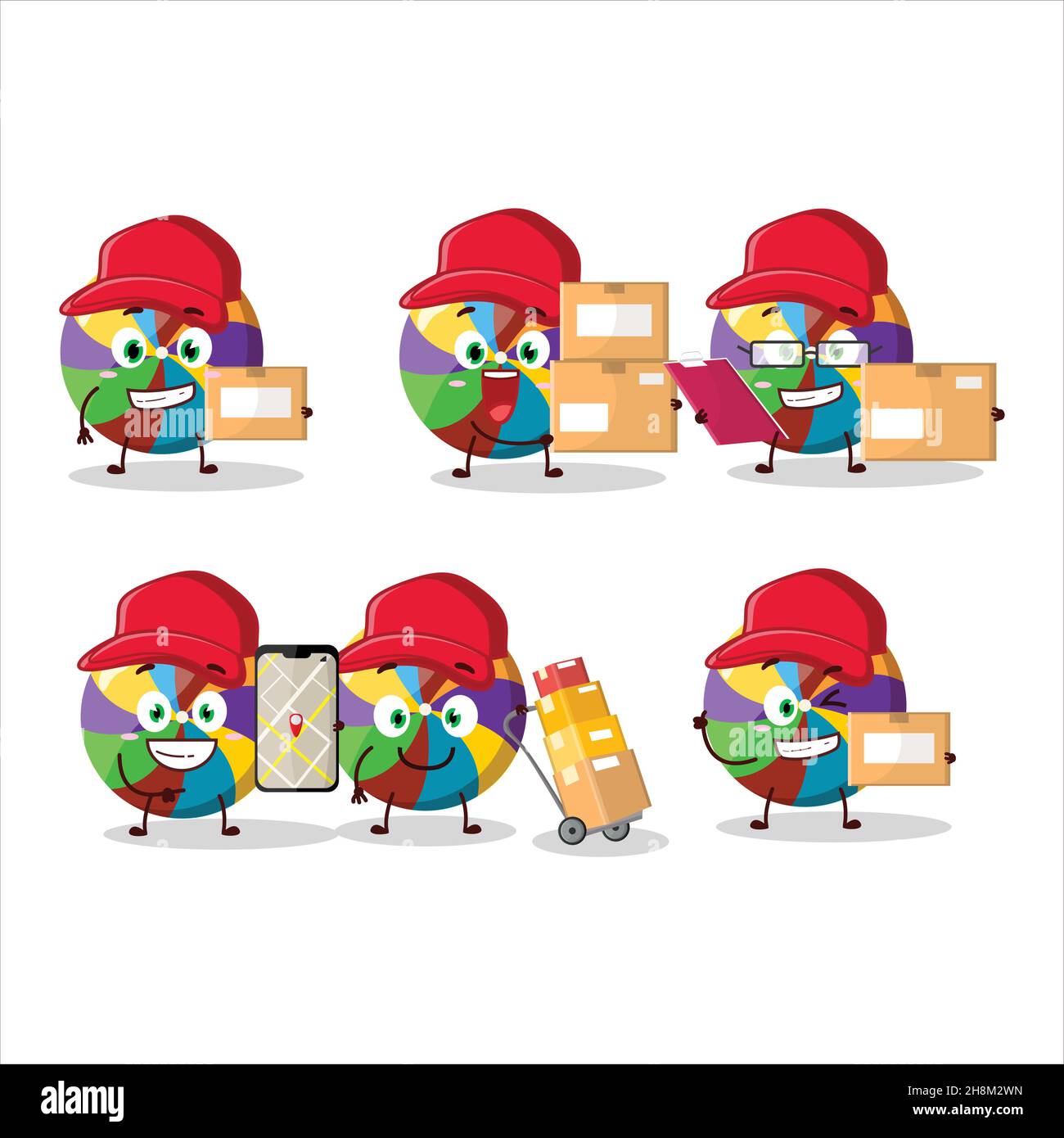 Cartoon character design of rainbow candy working as a courier. Vector ...