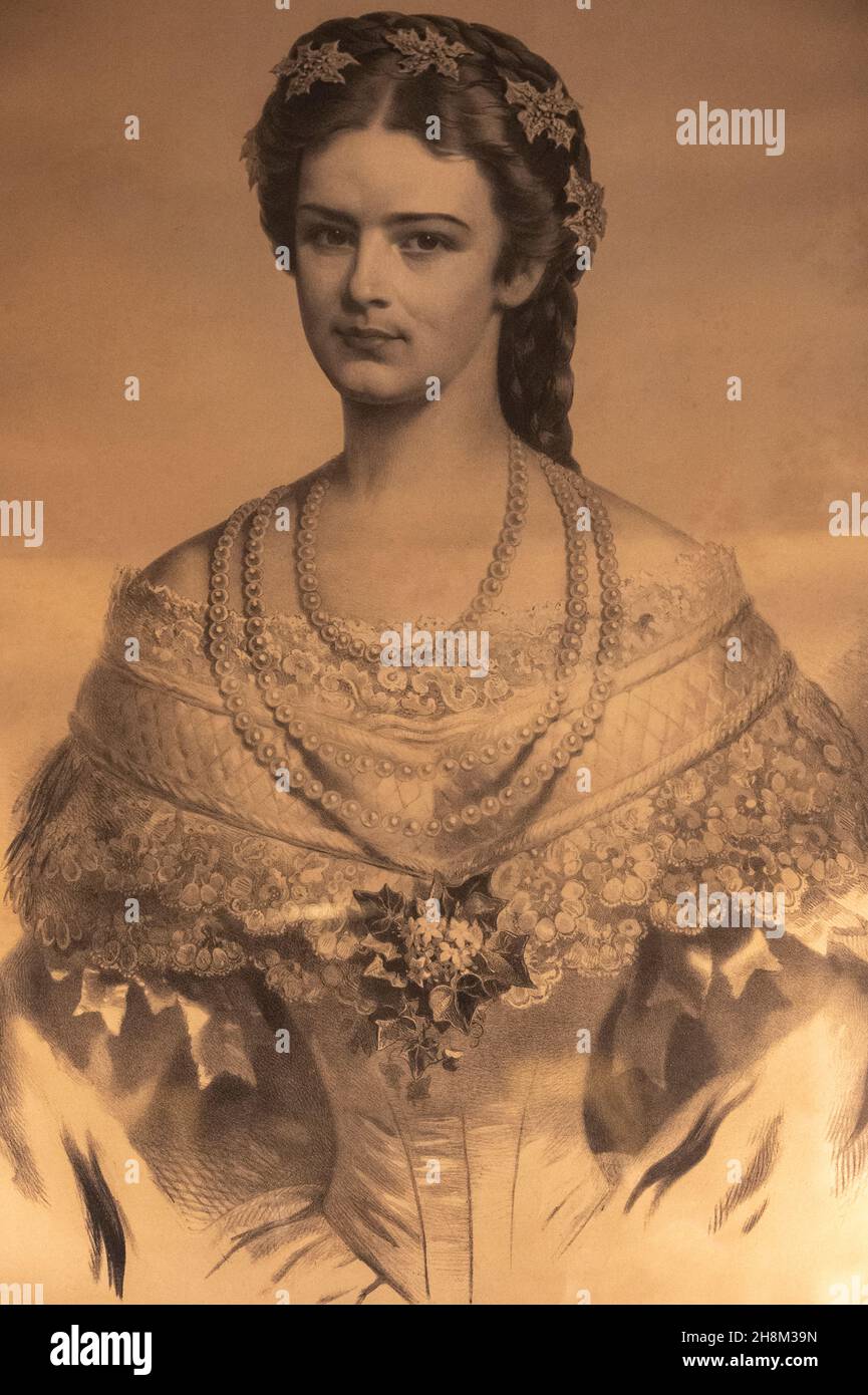 drawing of Empress Elisabeth of Austria or Sisi inside the Achilleion ...