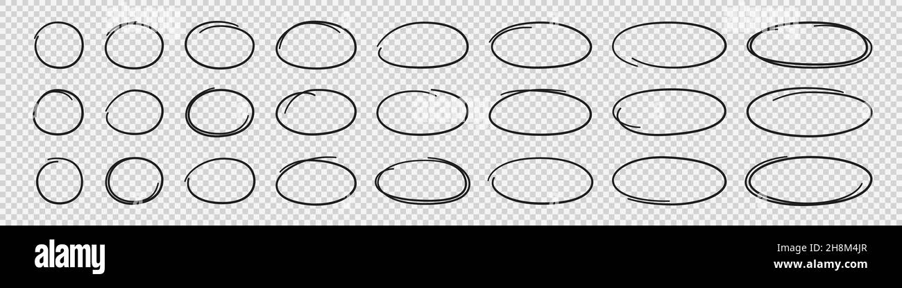 Hand drawn ovals and circles set. Ovals of different widths. Highlight ...