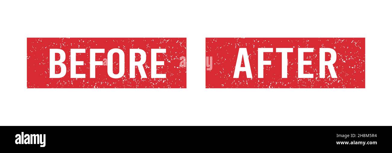 Before and after red grunge rubber stamps. Seals with words Before and ...