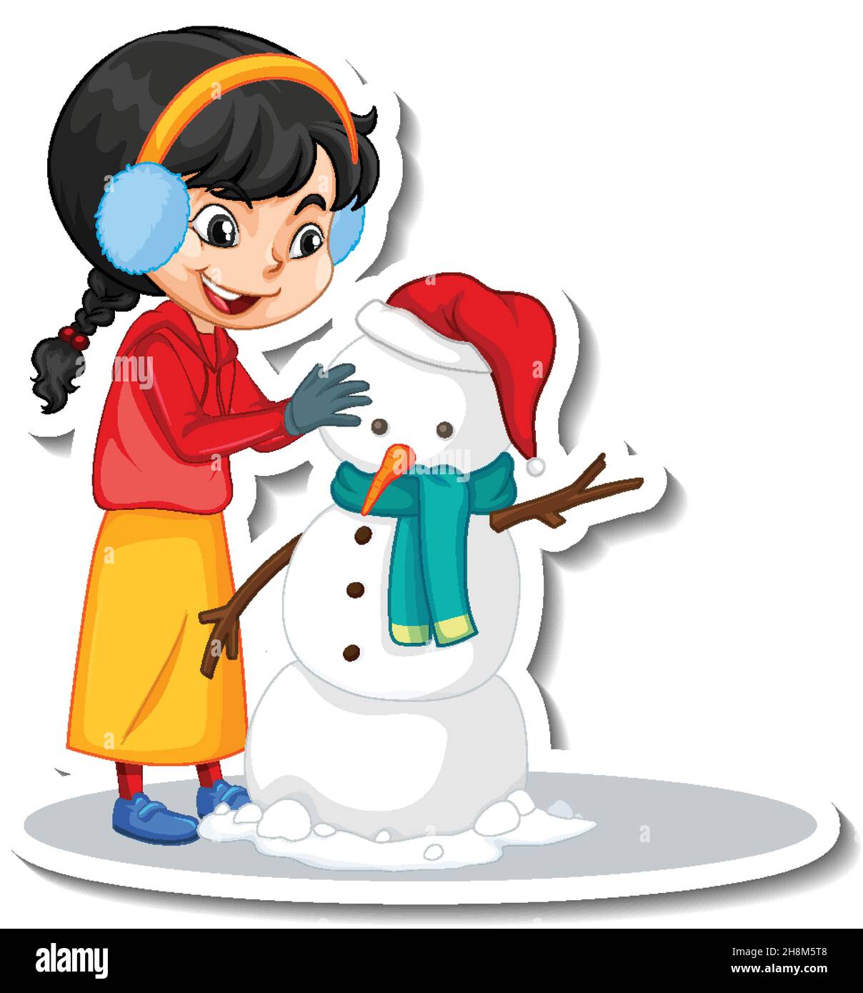 A girl building a snowman cartoon character sticker illustration Stock ...