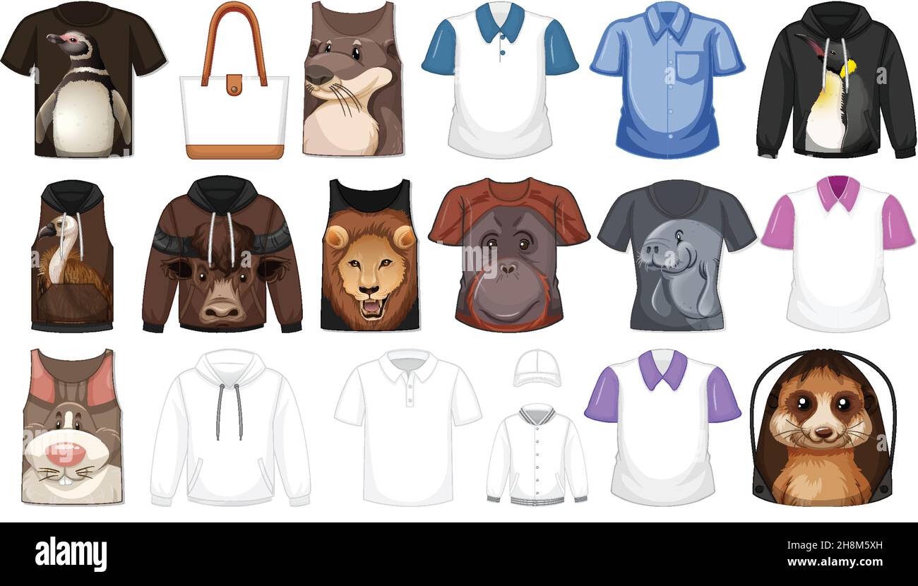 Set of different shirts and accessories with animal patterns ...