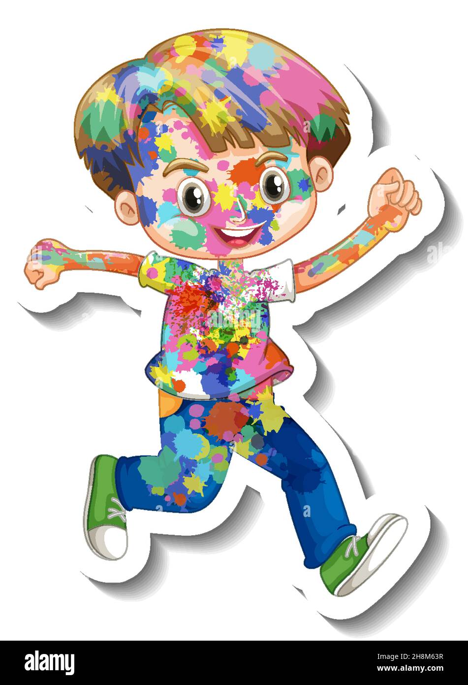 Happy boy with colour on his body sticker on white background ...