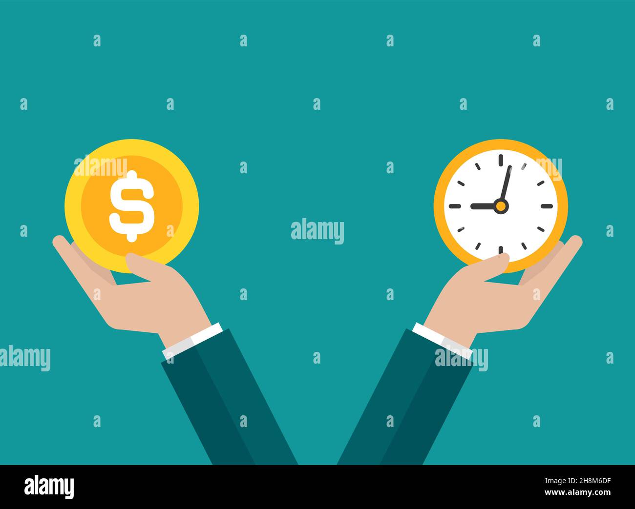 Businessman hand holds dollar coin and clock. Time and money balance ...