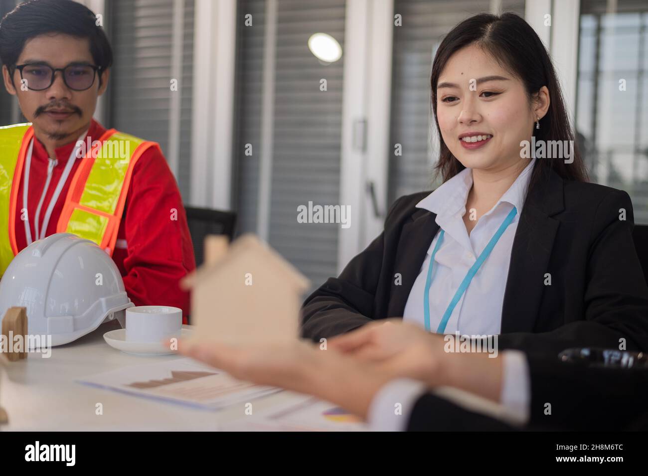 Happy people business team talking discussion construction project ...