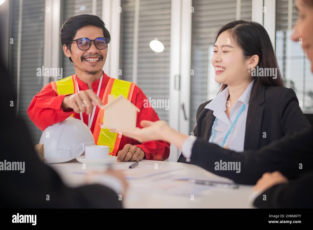 Happy people business team talking discussion construction project ...