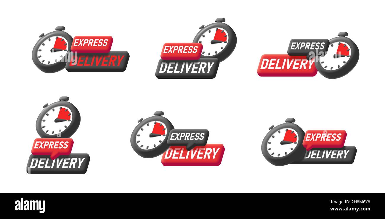 Stopwatch logo with label text, express fast delivery tag, 3d black and ...