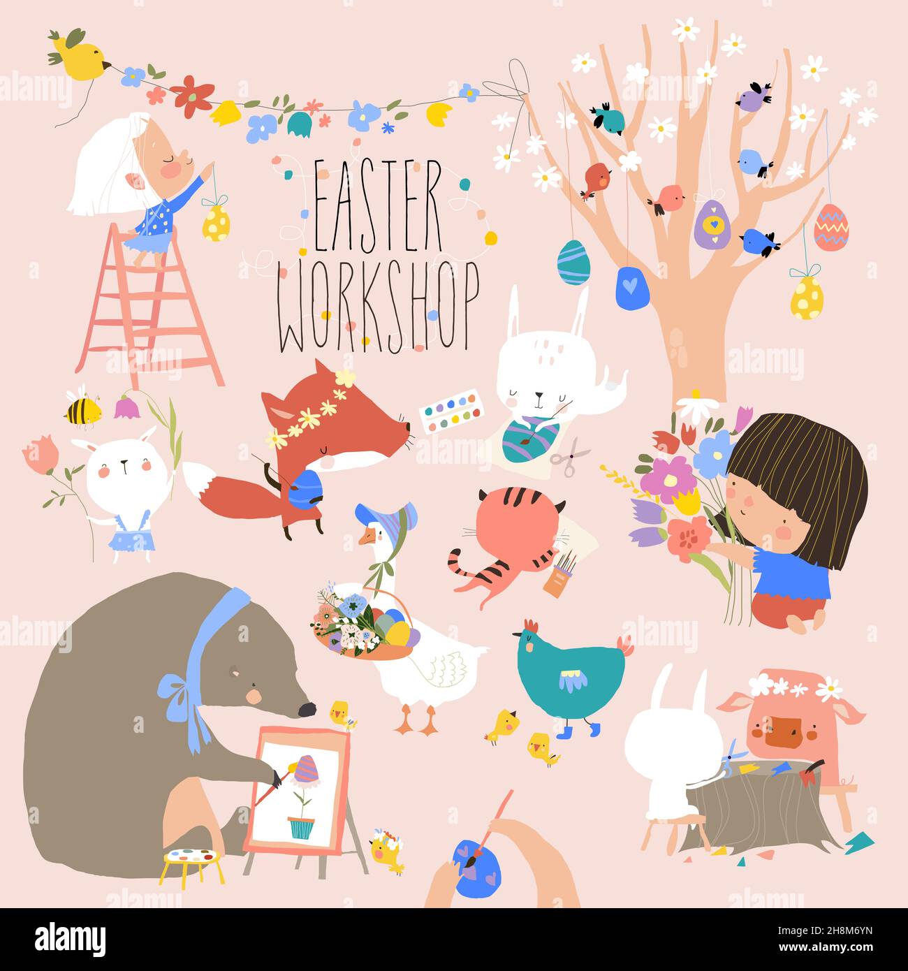 Cartoon Set with Cute Animals getting ready for Easter,painting ...