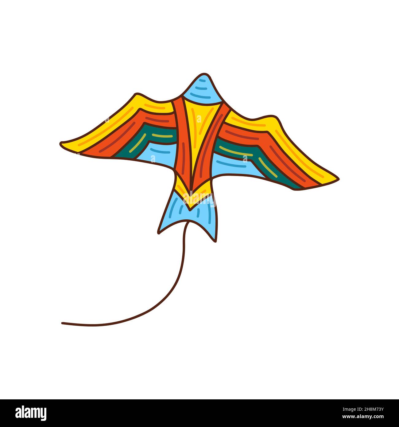 Kite bird shaped. Toy flying in the air on a string, soaring in sky in ...