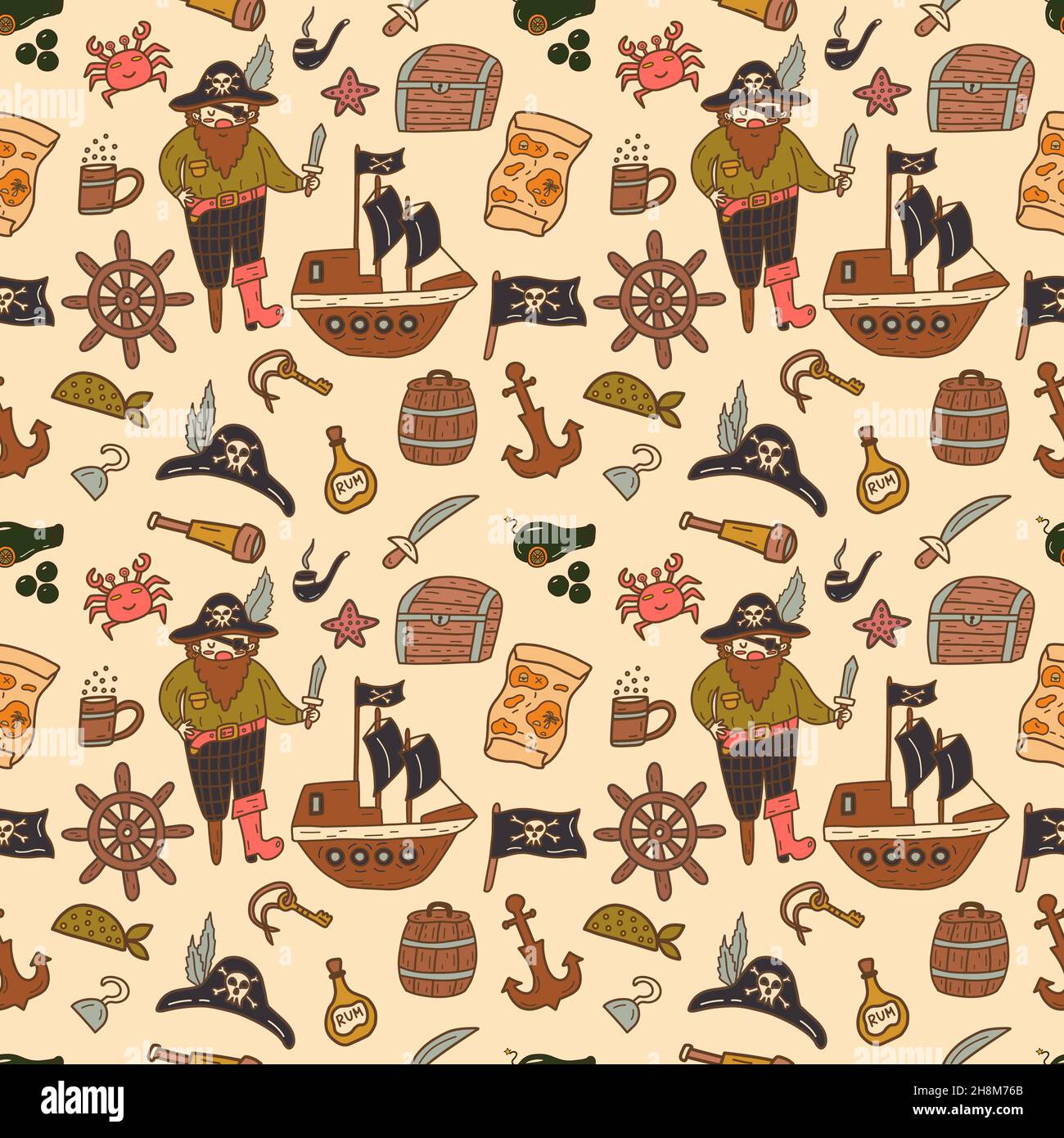 Seamless pattern. Bundle Pirate. Hat, hook and spyglass, treasure map ...