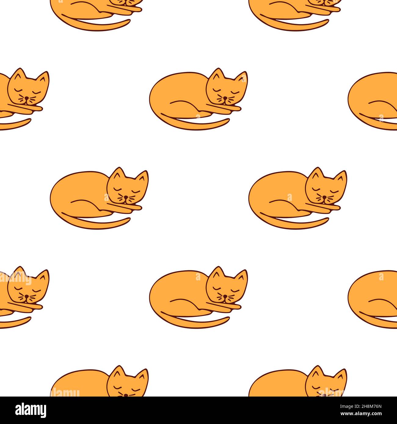 Seamless pattern cute ginger sleeping cat. Colorful vector illustration ...