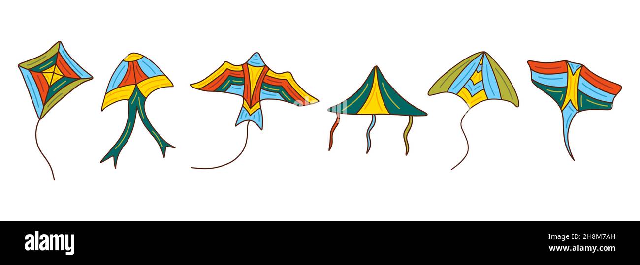 Set of kites. Group of toys flying in air on a string, soaring in sky ...
