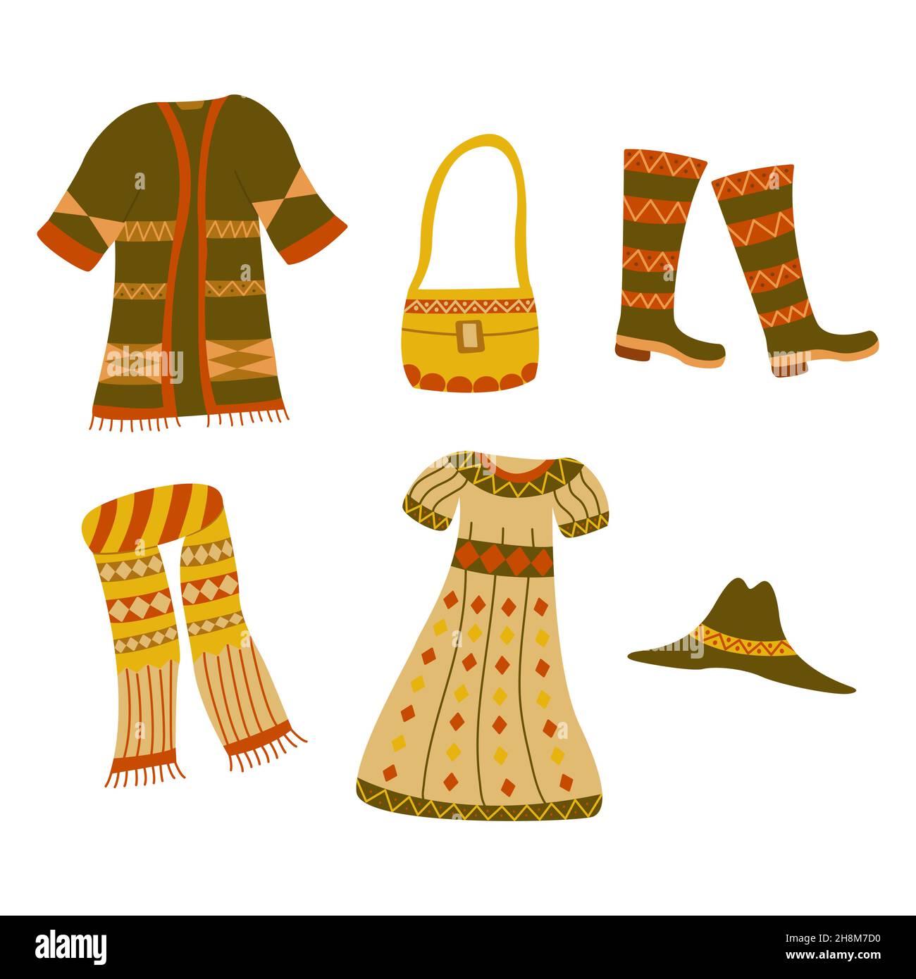 Set of clothes in boho style. Collection of things. Coat, dress and ...