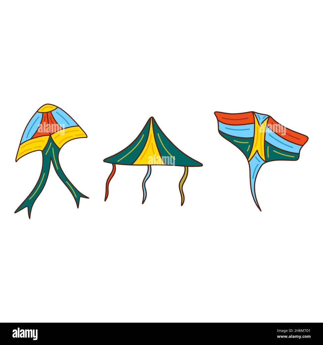 Set of kites. Group of toys flying in air on a string, soaring in sky ...