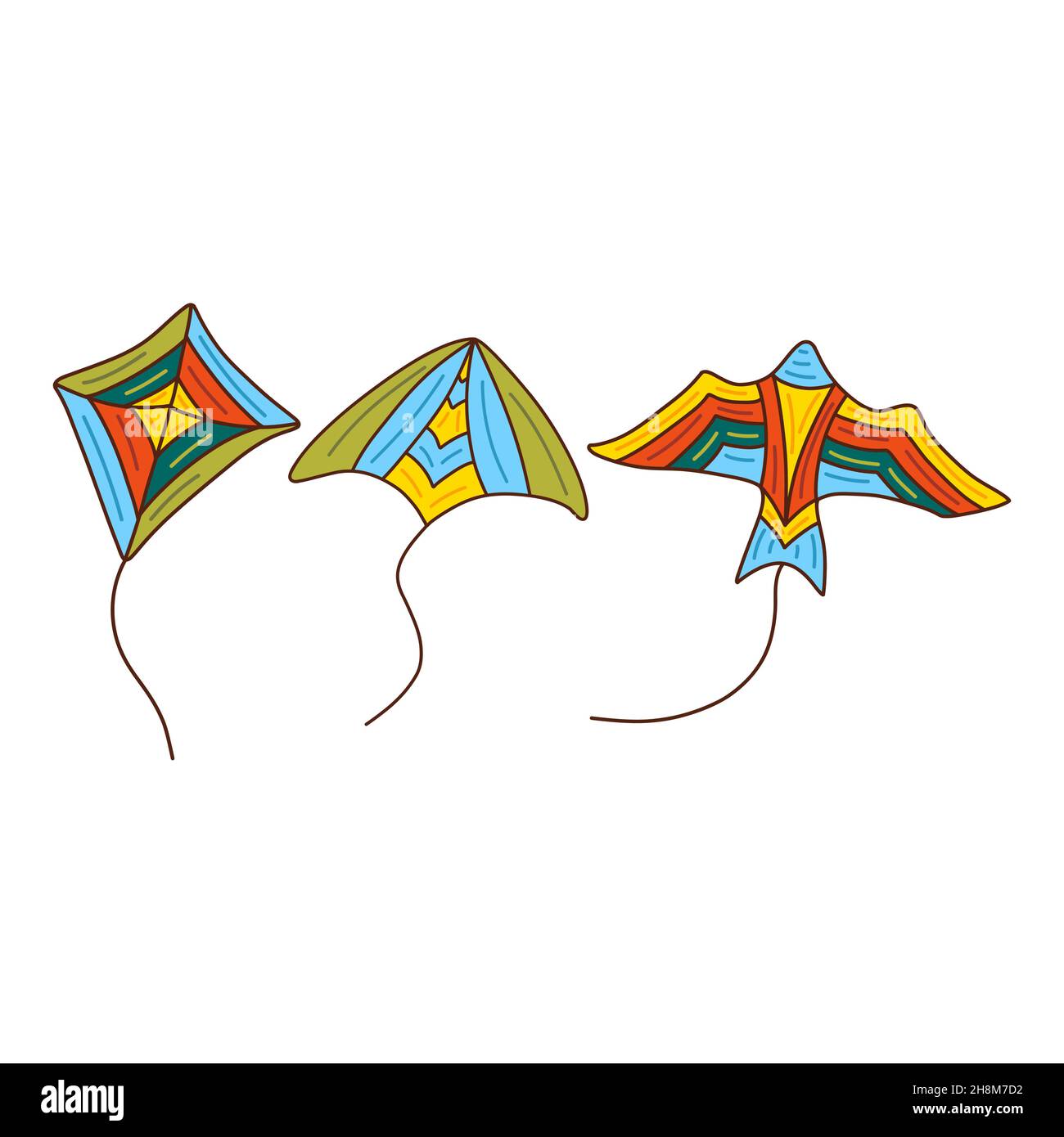 Set of kites. Group of toys flying in air on a string, soaring in sky ...