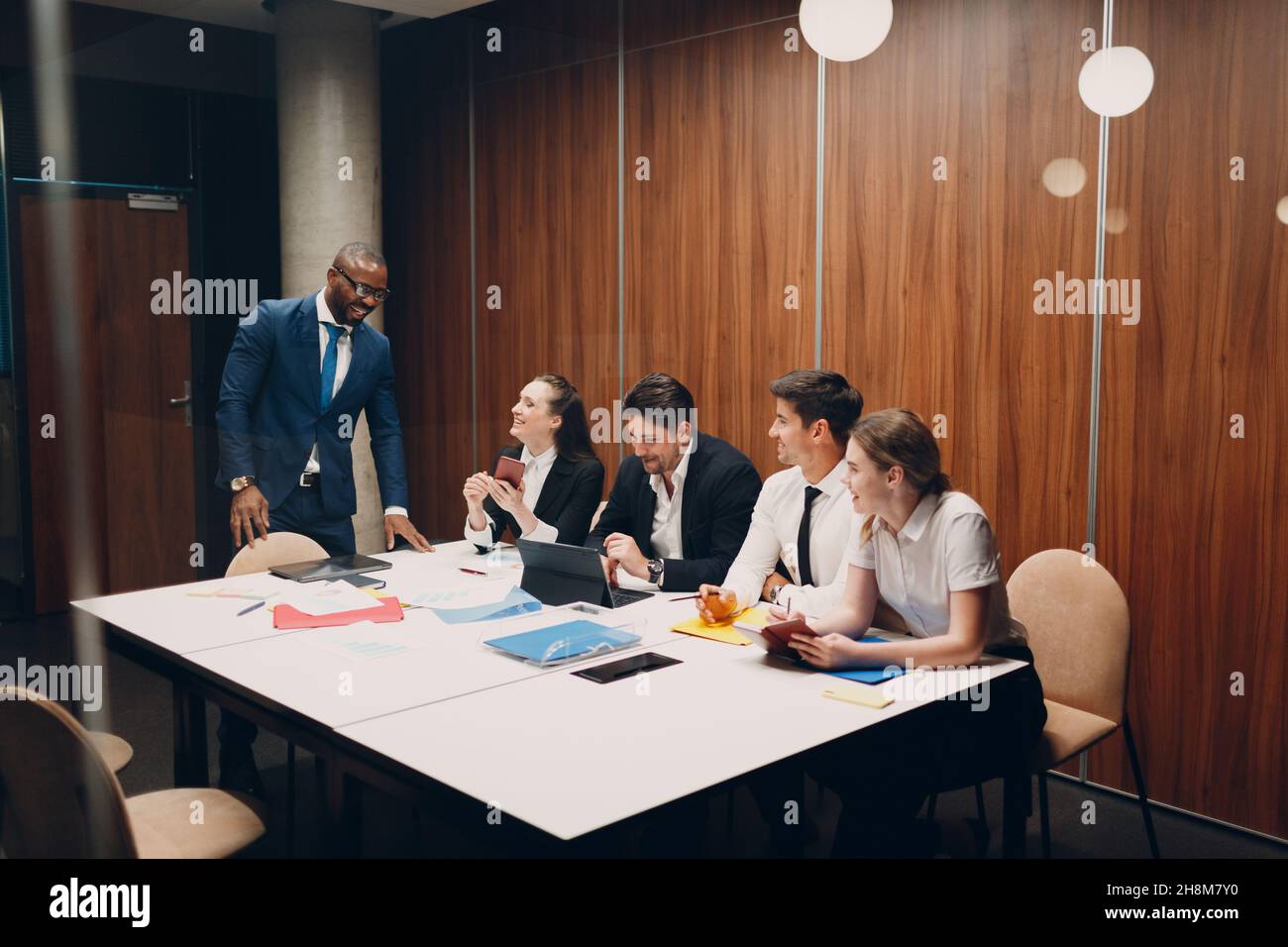 Businessman and businesswoman team at office meeting. Business people ...