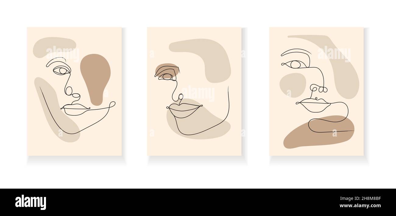 Boho women faces on abstract wall art vector set. Surreal portrait ...