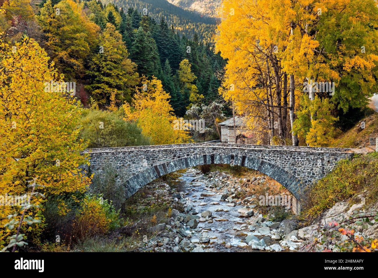 The old stone arched Katouna bridge in Krania village, Aspropotamos ...
