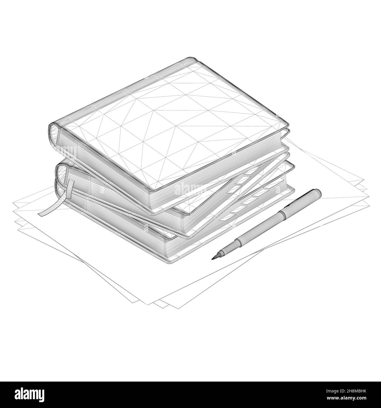Wireframe of stack of books with paper and pen from black lines isolated on white background. 3D ...