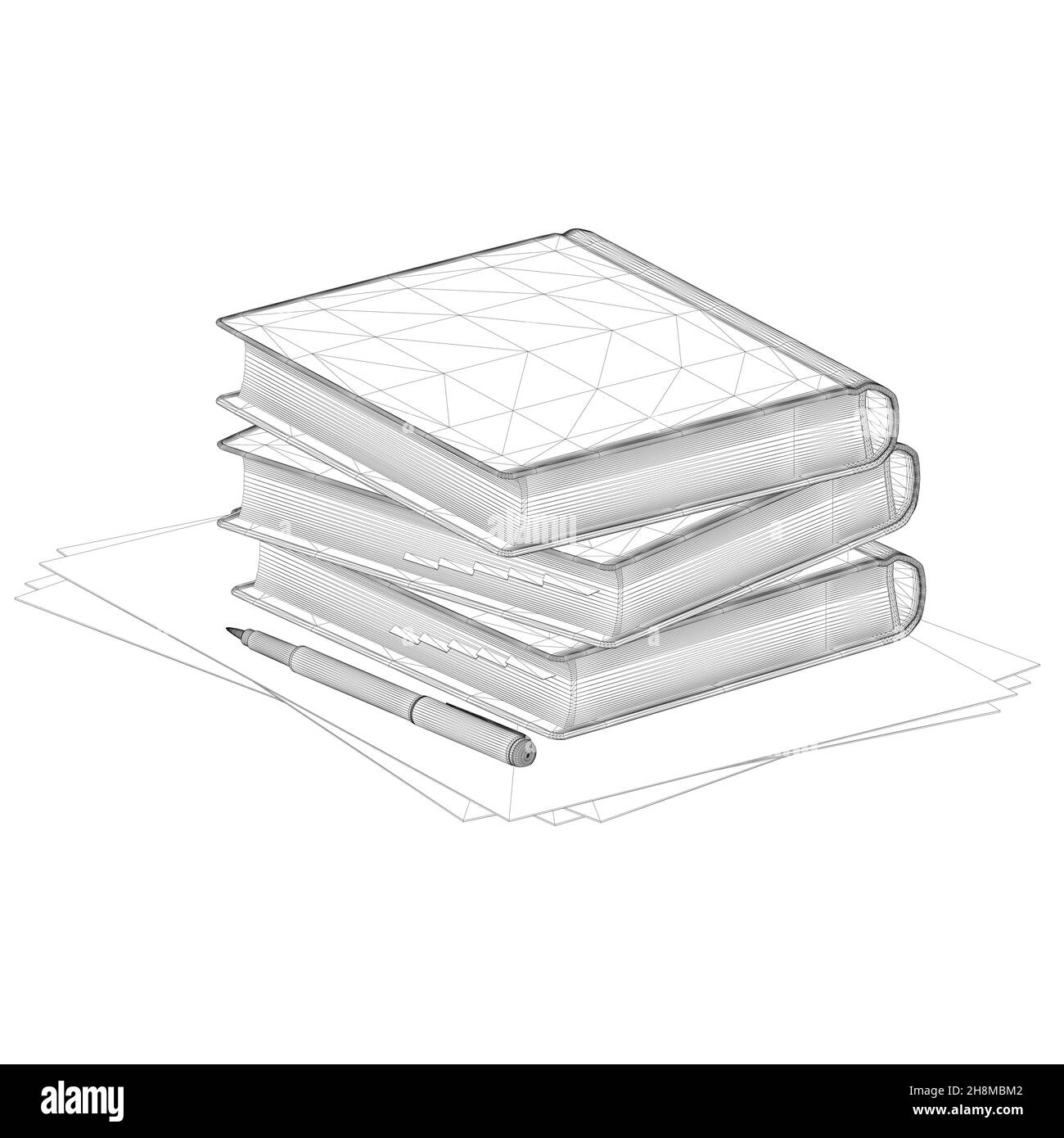 Wireframe of stack of books with paper and pen from black lines ...