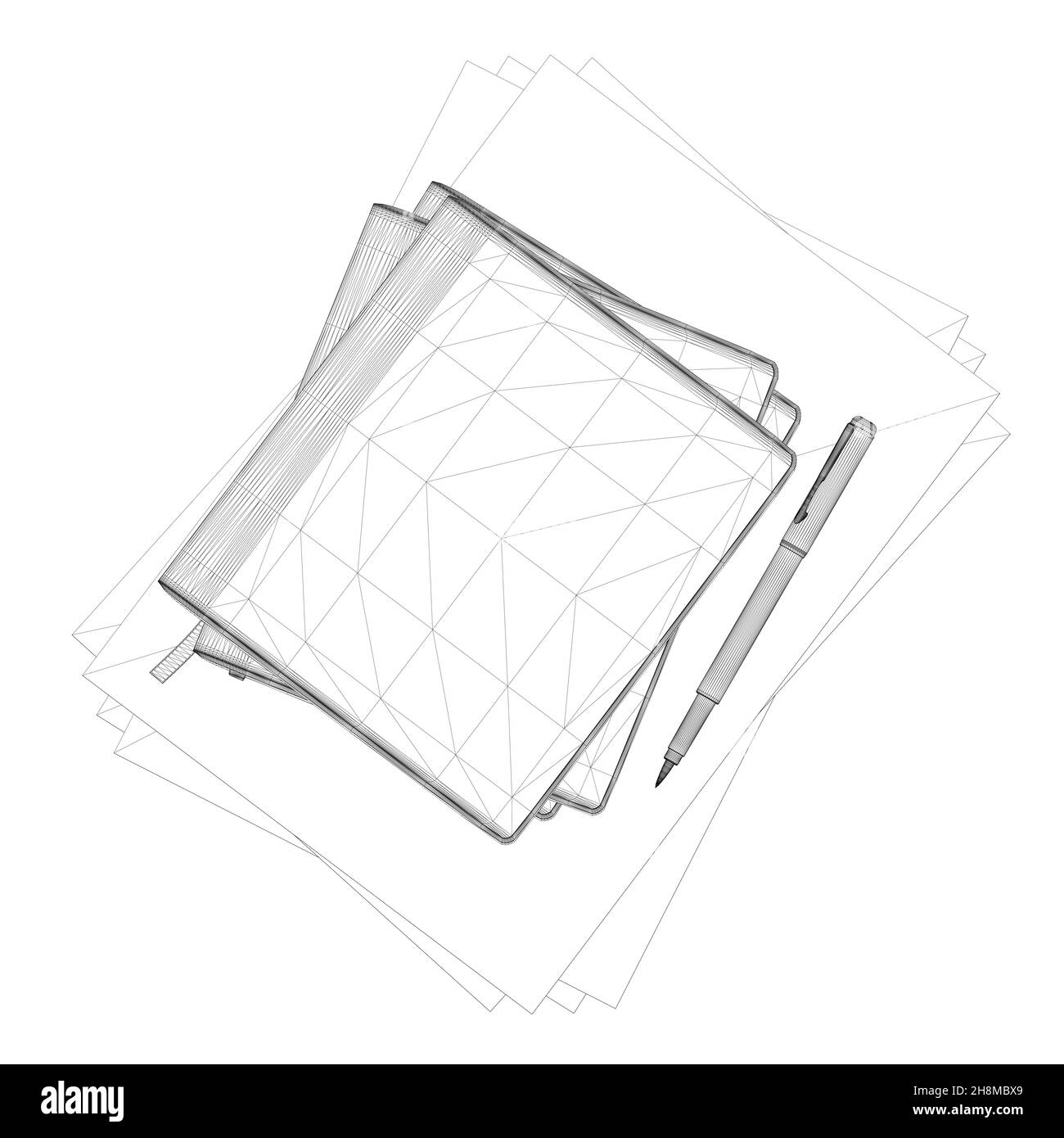 Wireframe of stack of books with paper and pen from black lines ...