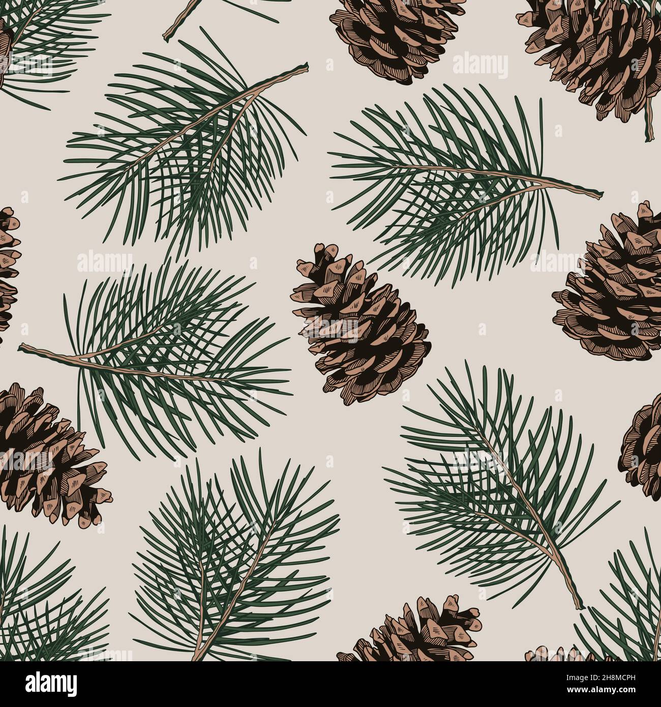 Seamless pattern with pine tree branches and cones. Hand drawn vector ...
