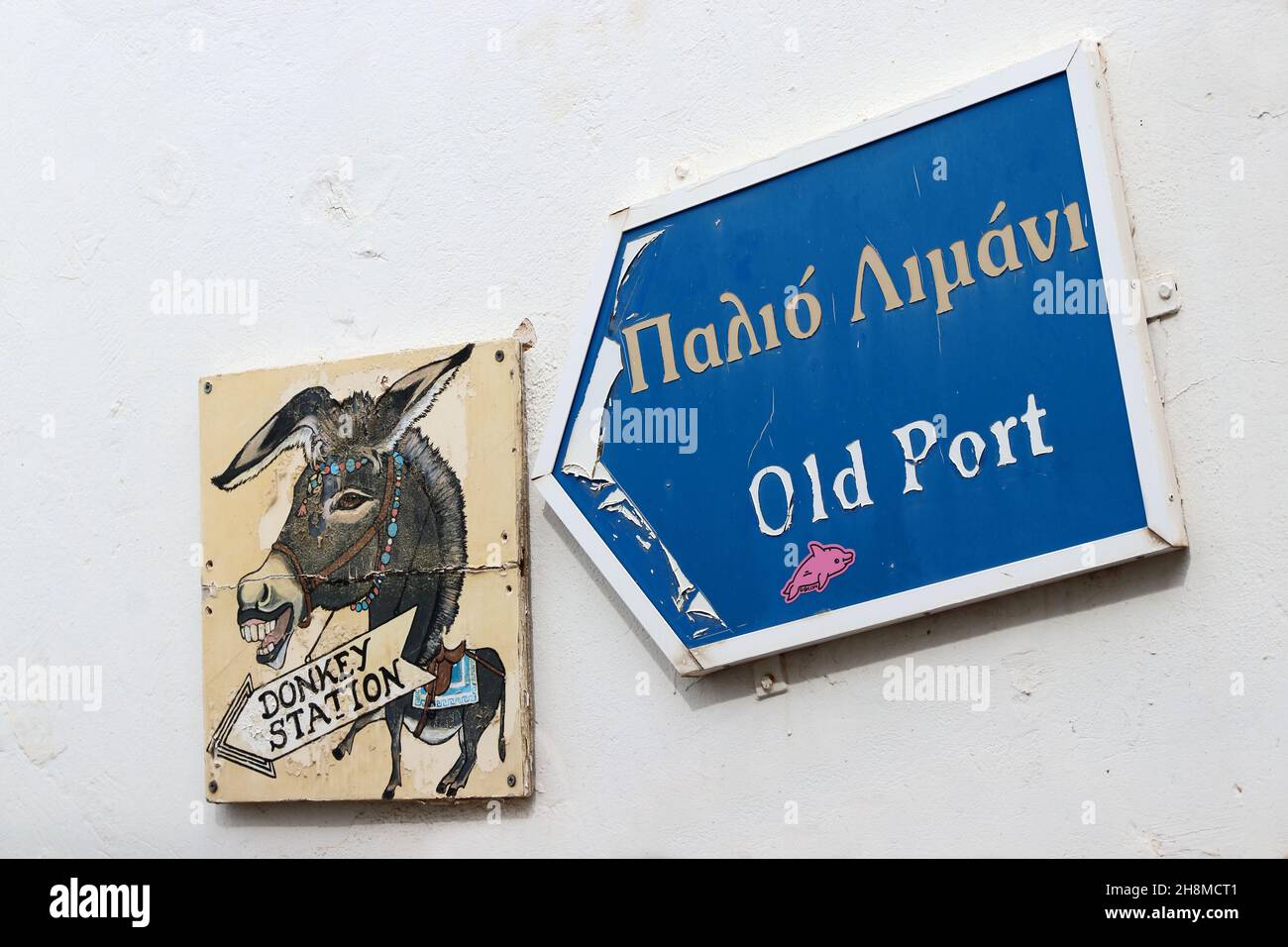 Sign above steps leading down to Old Port, Fira, Santorini, Greece ...