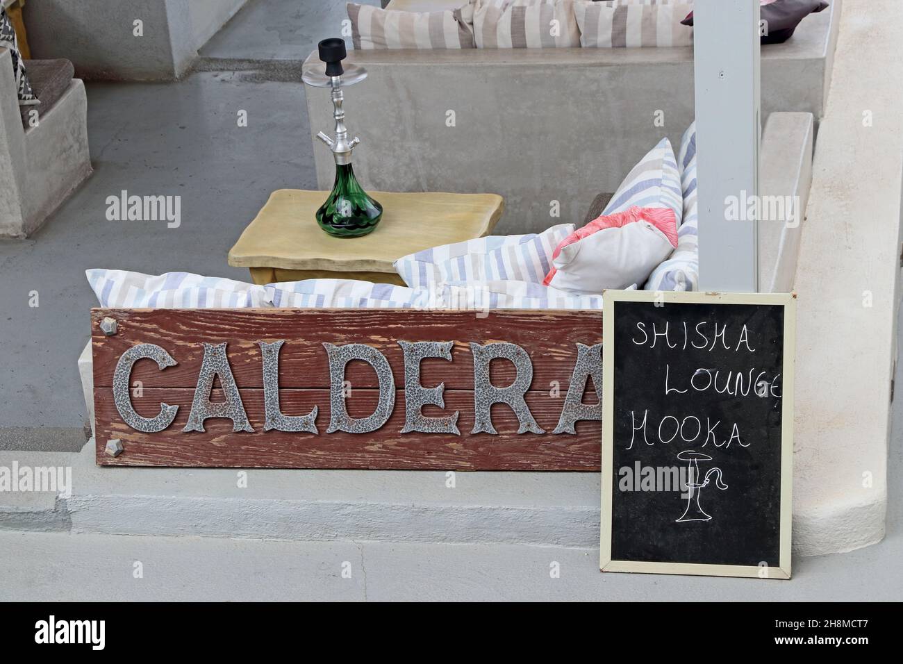 Signs outside Caldera Shisha Lounge, Fira, Santorini, Greece Stock ...
