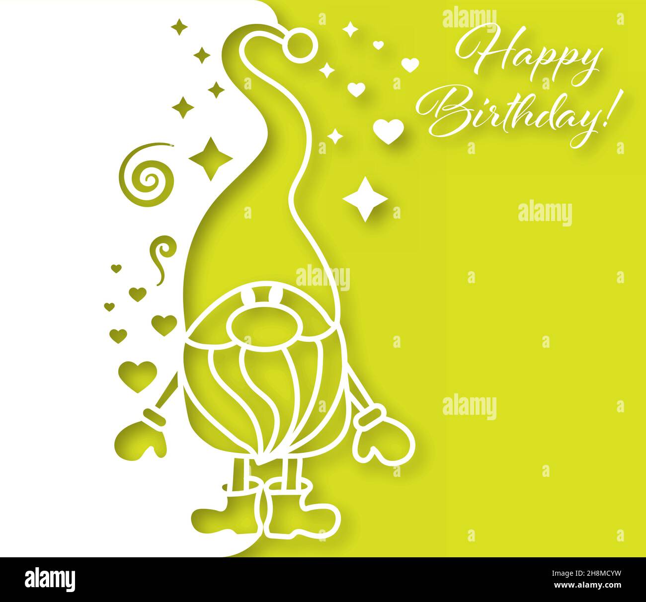 Happy birthday. A dwarf with hearts and stars on a yellow-green ...