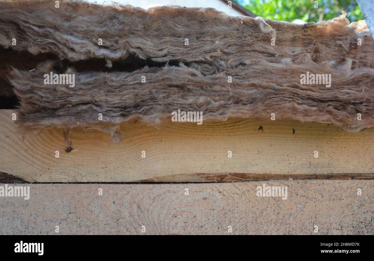 Mineral wool roofing insulation. A close-up of mineral wool layer, the ...