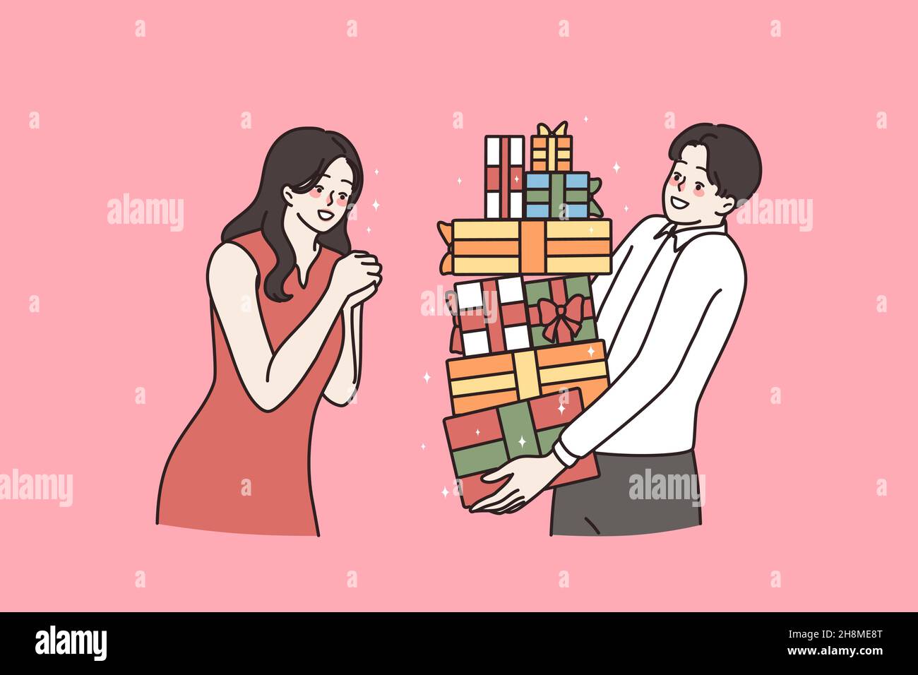 Present and holiday gift concept. Smiling cheerful man carrying stack ...