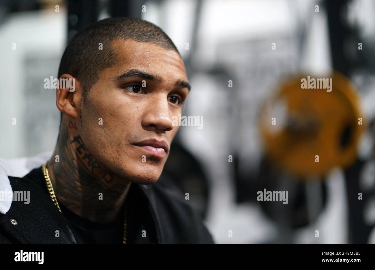 Conor Benn is interviewed before a workout at his gym in Stapleford ...