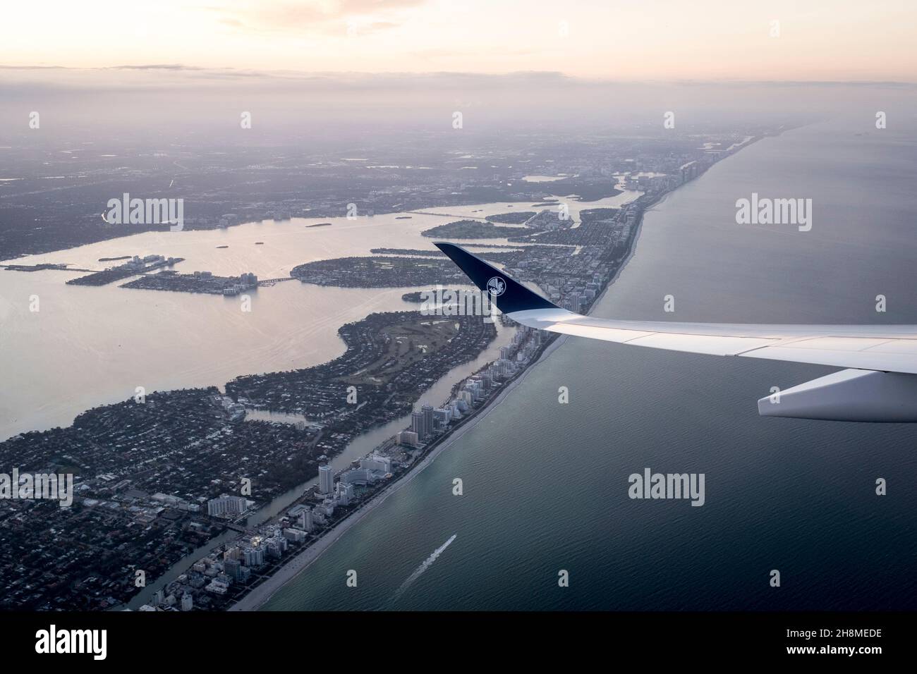 An aerial view looking north of the coast of South Florida, Miami Beach ...