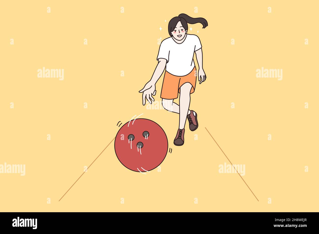 Leisure games and bowling concept. Smiling girl playing bowling feeling ...