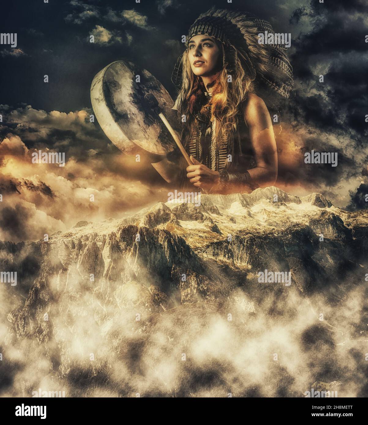 beautiful shamanic girl playing on shaman frame drum in the nature ...