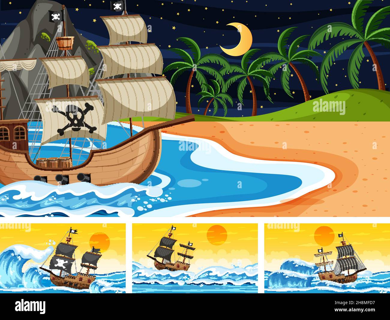 Set of Ocean with Pirate ship at different times scenes in cartoon ...