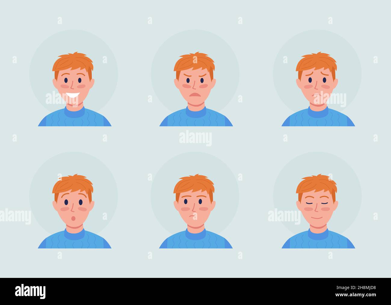 Ginger boy with different emotions semi flat color vector character ...