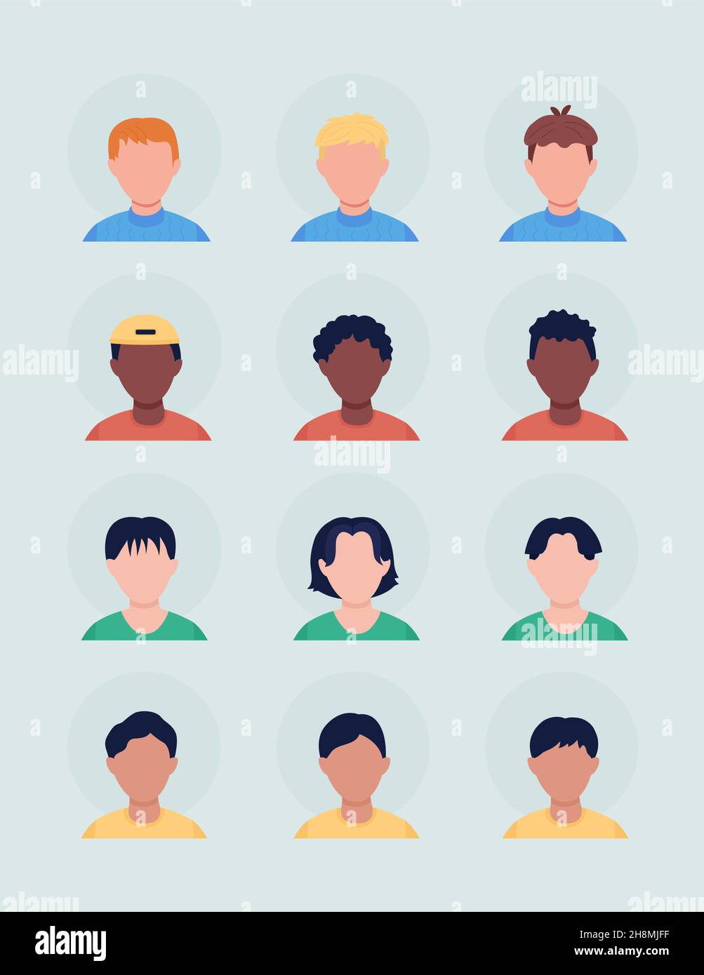 Boys with different hair semi flat color vector character avatar set ...