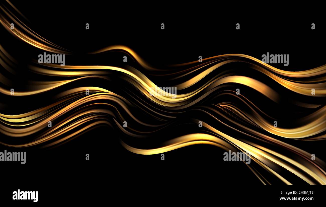 Abstract Waves. Shiny gold moving lines design element on dark ...