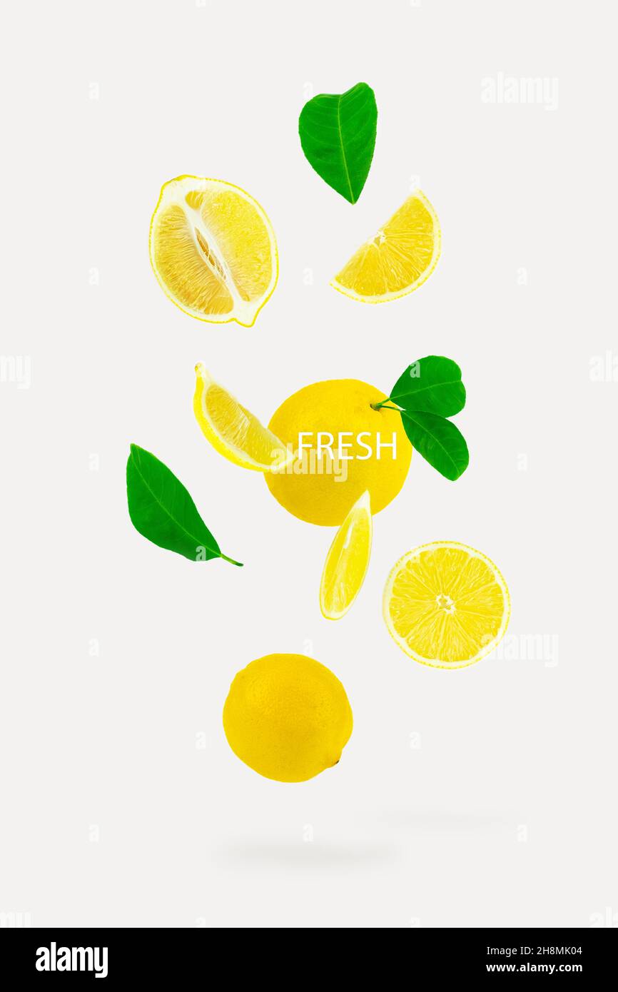 Juicy ripe flying yellow lemons with leaves. Set of falling delicious ...