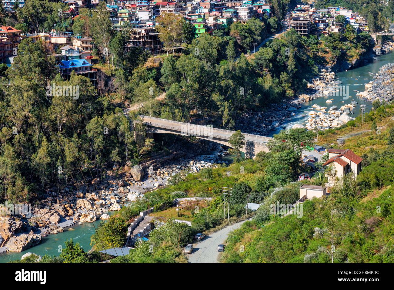River Satluj with bridge in aerial view and Sarahan hill station at ...