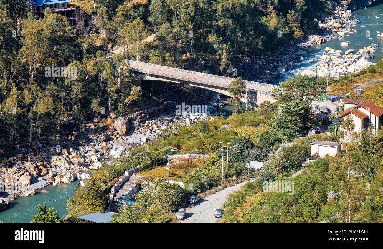 River Satluj with bridge in aerial view and Sarahan hill station at ...