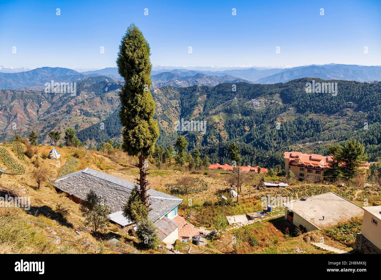 Scenic hill station at Himachal Pradesh, India with aerial view wof ...
