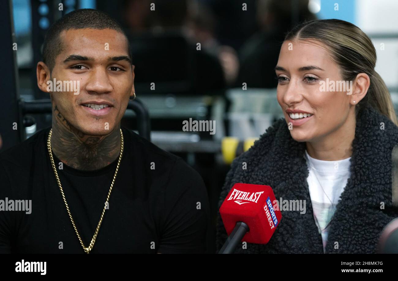 Conor Benn is interviewed alongside his wife Victoria before a workout ...