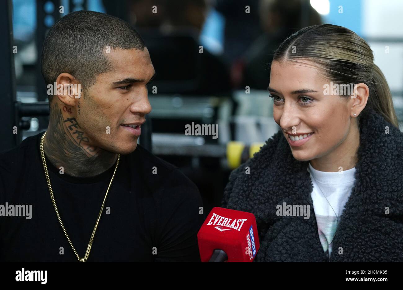 Conor Benn is interviewed alongside his wife Victoria before a workout ...
