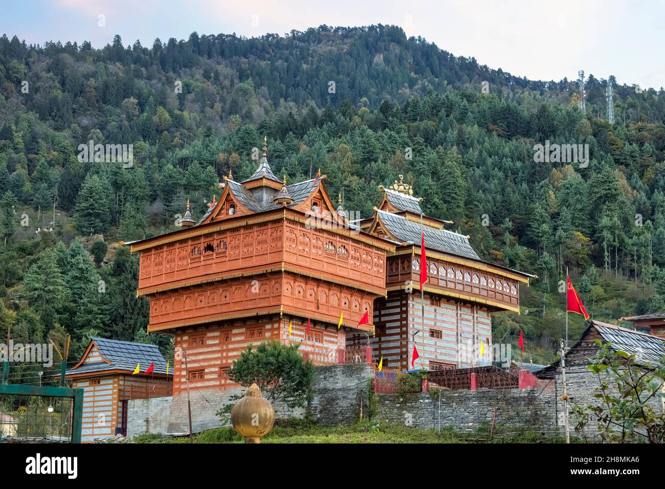 Ancient Bhima Kali Hindu temple with Kinnaur Himalaya mountain range at ...