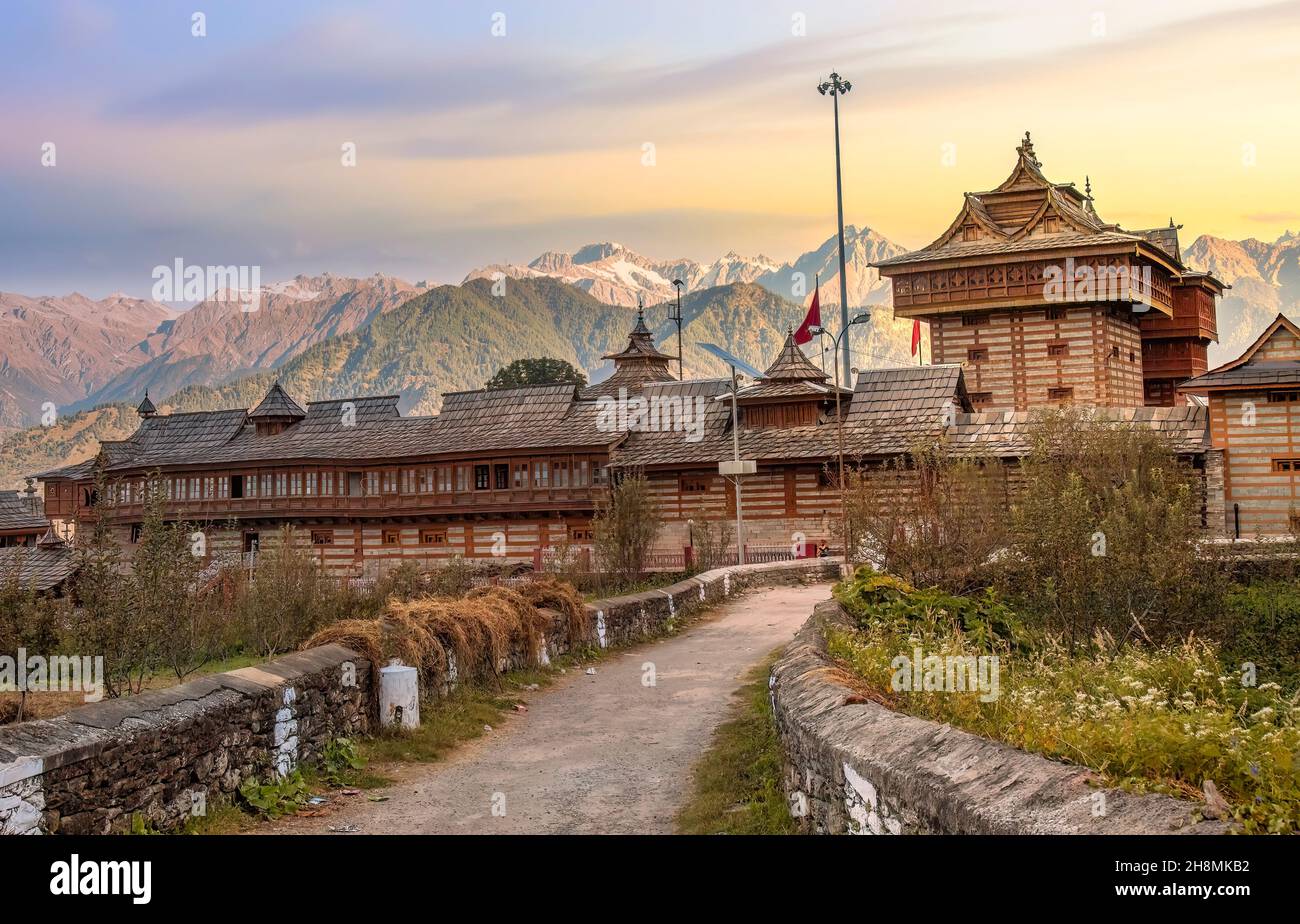 Ancient Bhima Kali Hindu temple with Kinnaur Himalaya mountain range at ...