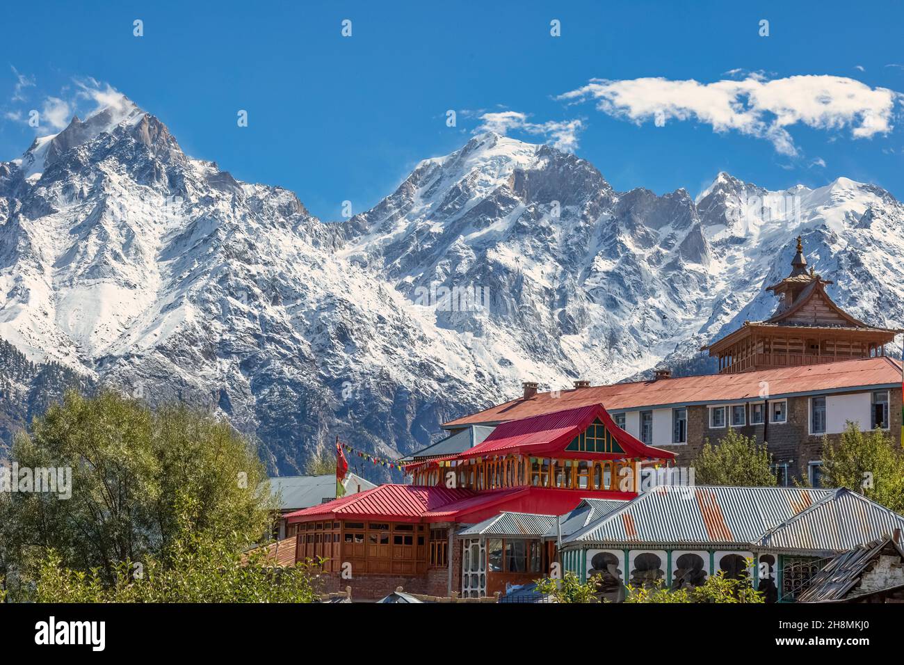 Scenic Himachal village at Kalpa with majestic Kinnaur Kailash Himalaya ...