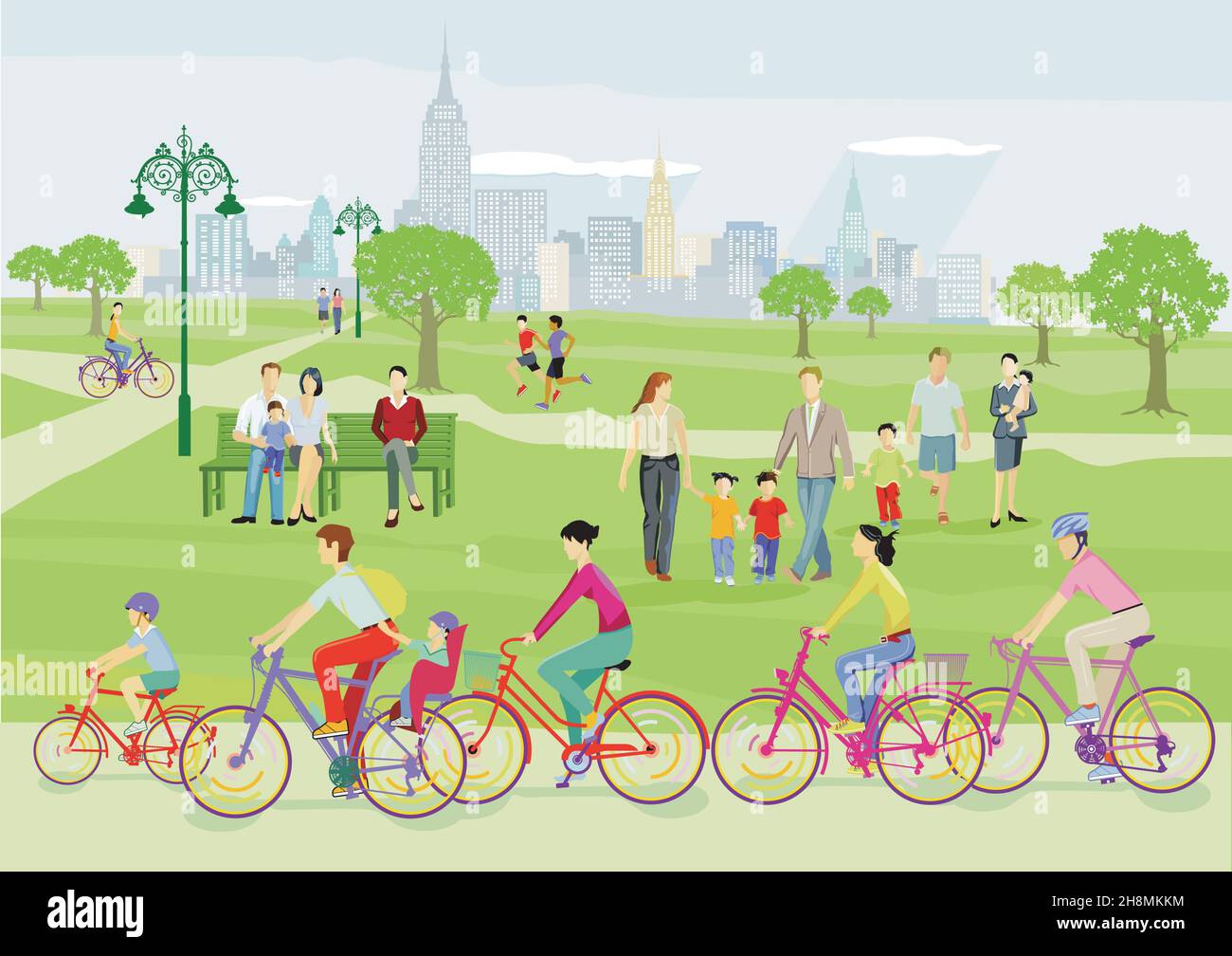 Families and other people have leisure time in the city park ...