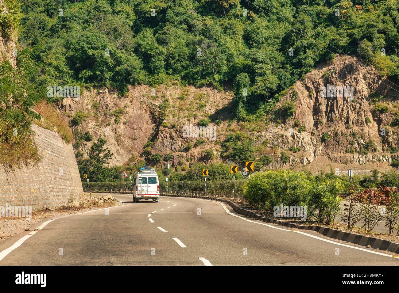 Tourist vehicles on Shimla Kinnaur highway road with scenic Himalaya ...